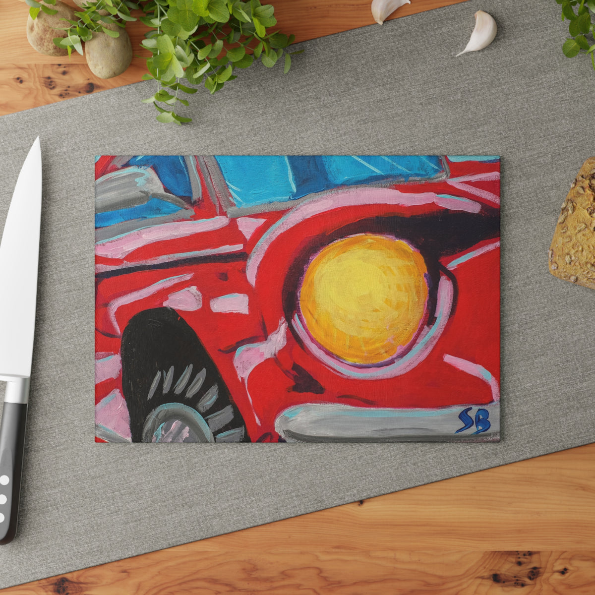 "Red Oldsmobile" by Stan Balman - Glass Cutting Board – TECH Art Gallery